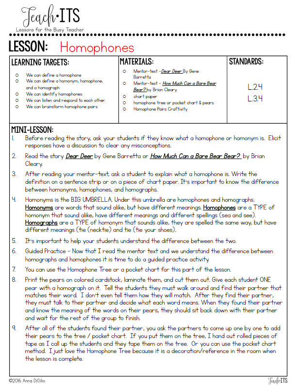 Homophones Lesson Plan – Simply Skilled Teaching