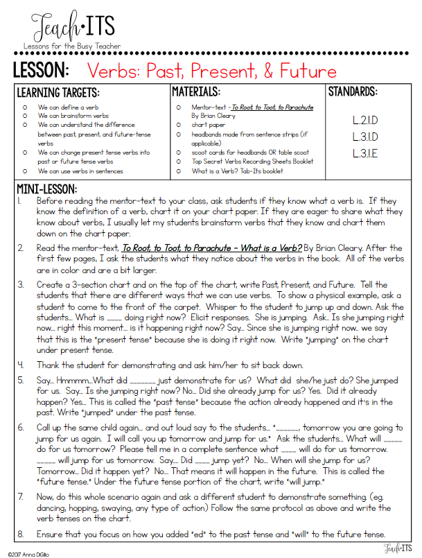 Verbs Lesson Plan – Simply Skilled Teaching