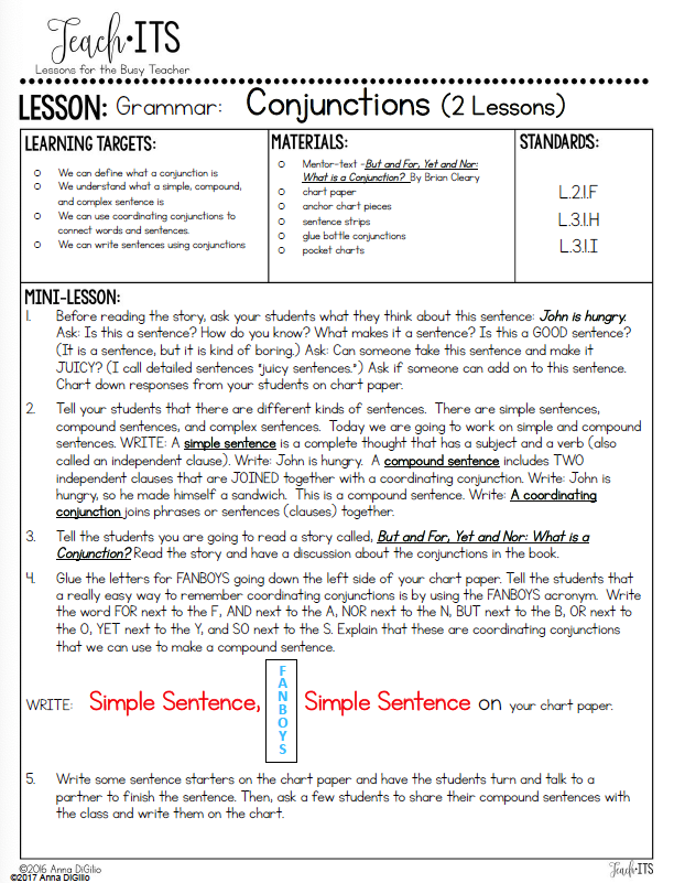 Conjunctions Lesson Plan – Simply Skilled Teaching