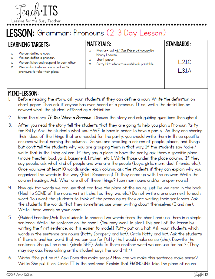 Pronouns Lesson Plan – Simply Skilled Teaching