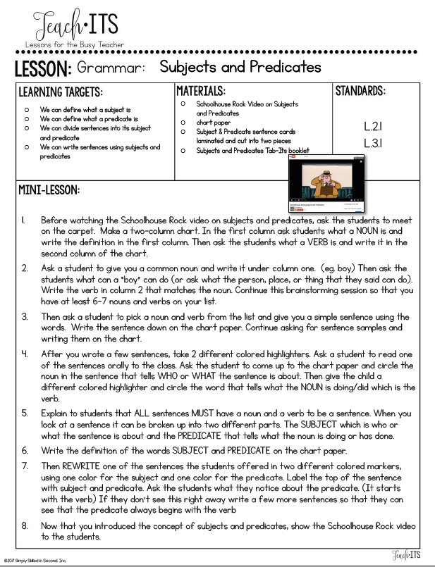 Subject and Predicate Lesson Plan – Simply Skilled Teaching